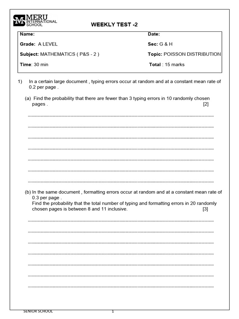 Weekly Test-2 (A Level) p&S-2 | PDF | Statistical Analysis | Teaching ...
