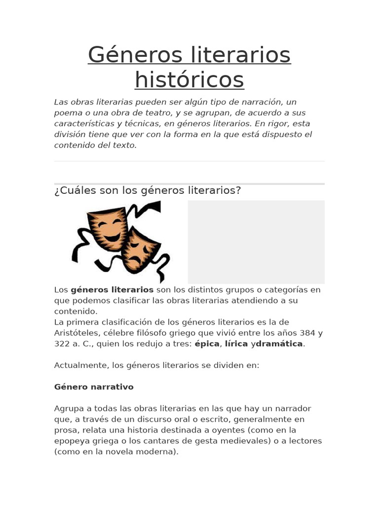 Géneros literarios históricos y sus subgéneros | PDF | Poesía épica | Prosa
