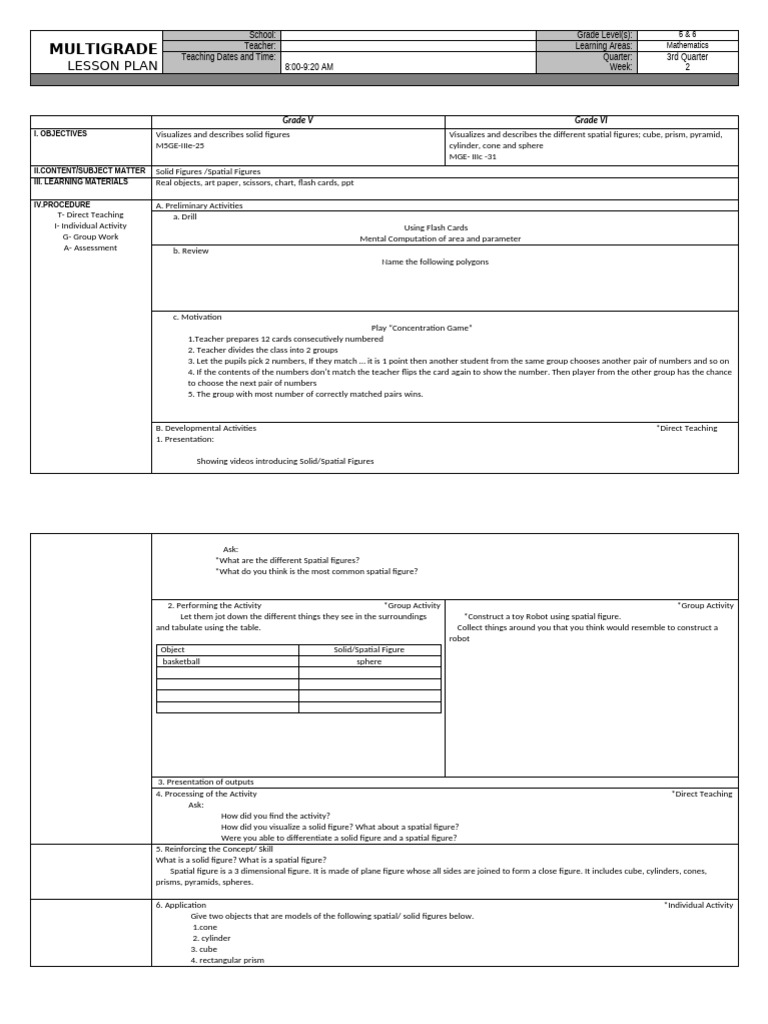MULTIGRADE Lesson Plan Mathematics 5&6 | PDF | Lesson Plan