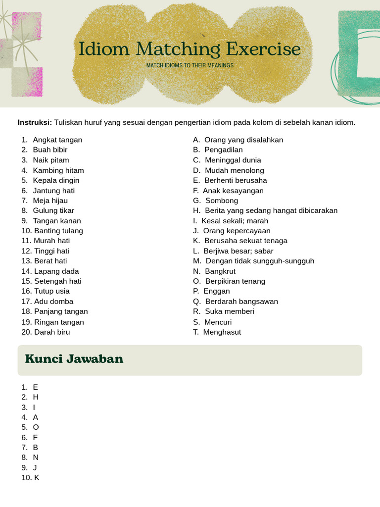 Idiom Matching Exercise | PDF