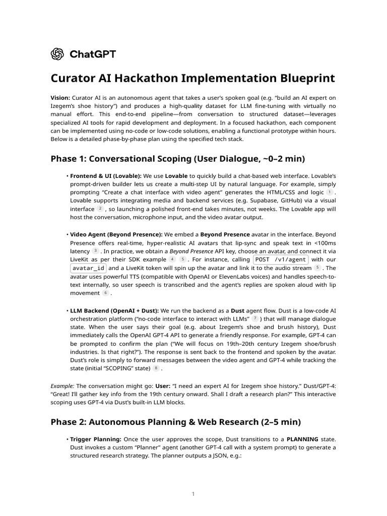 Curator AI Hackathon Implementation Blueprint | PDF | User Interface | Artificial Intelligence