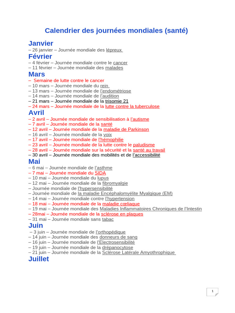 Calendrier des journées mondiales 2026 | PDF | Maladies et troubles ...