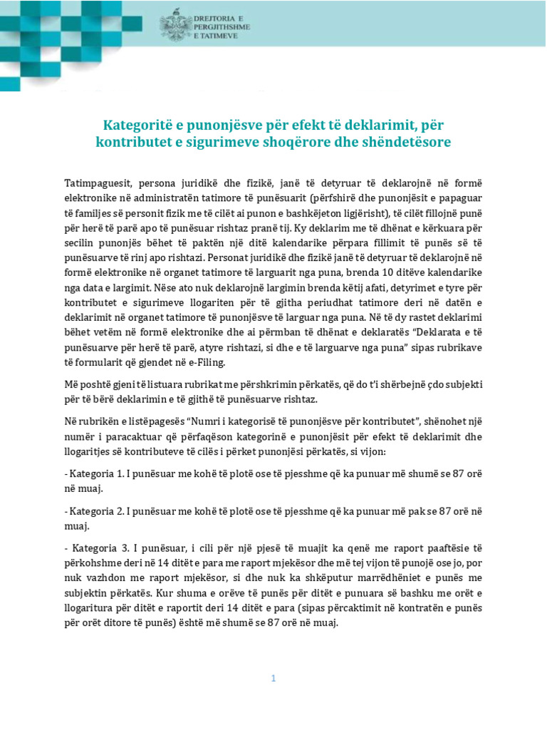 Kategoritë e Punonjësve Për Efekt Të Deklarimit, Për Kontributet e ...