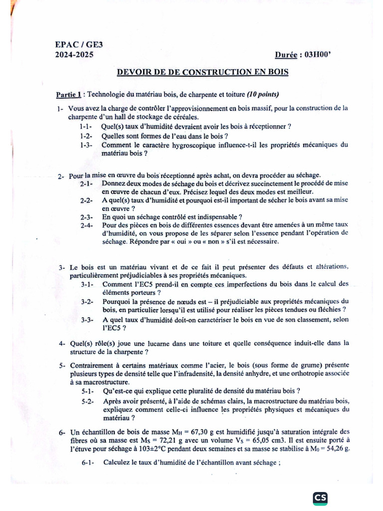 Devoir de Construction Bois 2024-2025 | PDF