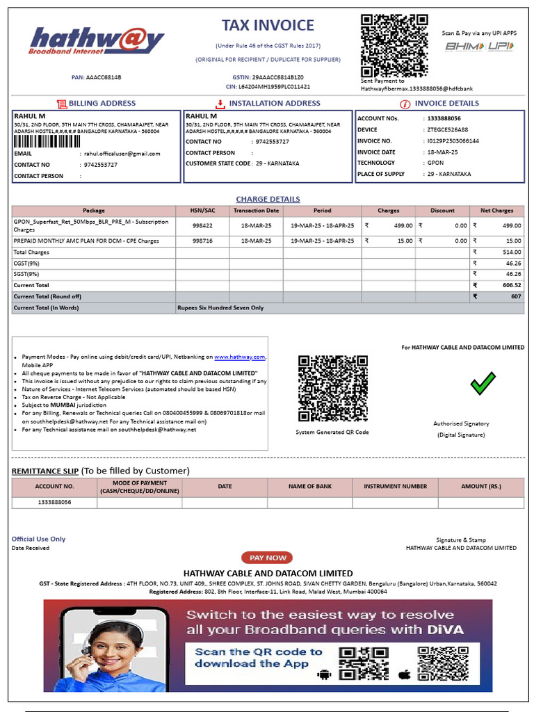 Hathway Tax Invoice for Internet Services | PDF | Invoice | Payments