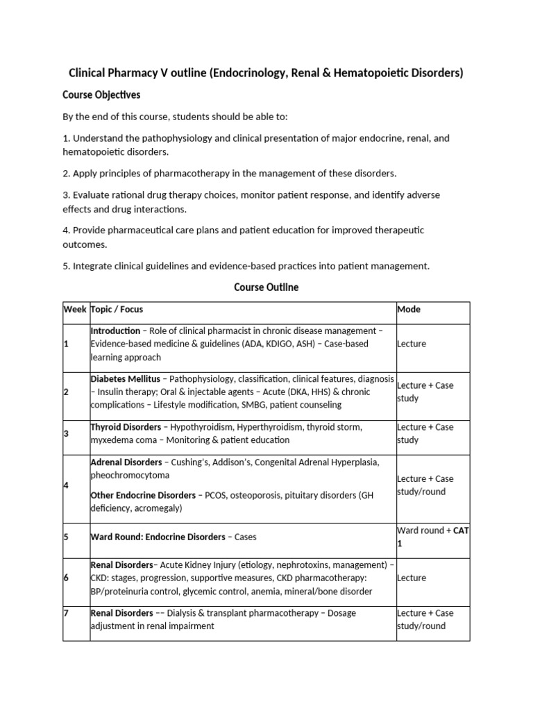 Clinical Pharmacy V Course Outline | PDF | Kidney | Chronic Kidney Disease