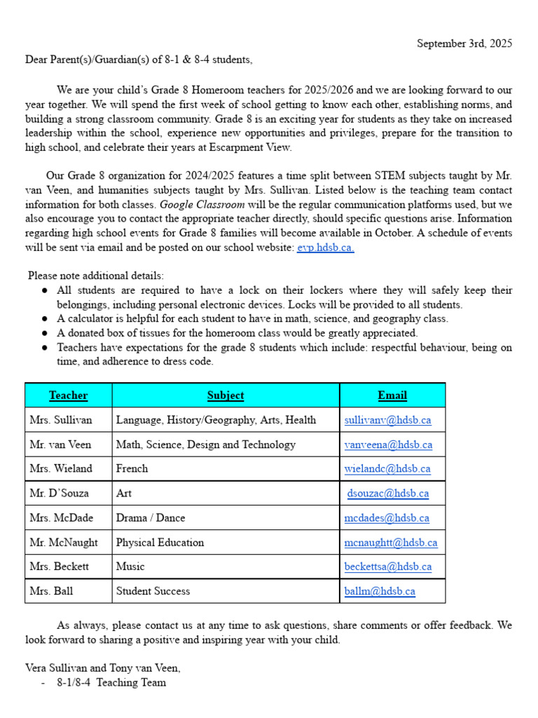 Parent Info Letter 2025-2026 (V) | PDF | Teachers