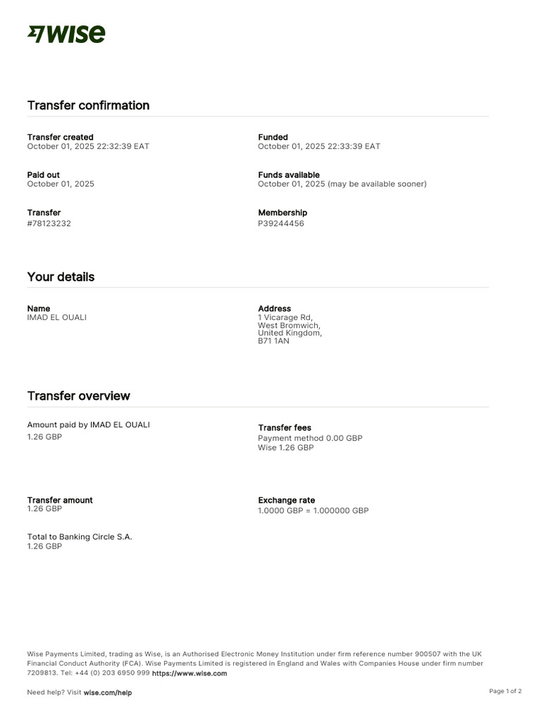 Wise Payments Transfer Confirmation | PDF | Money | Payments