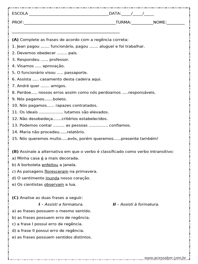 Exercícios de Regência Verbal e Análise Gramatical | PDF