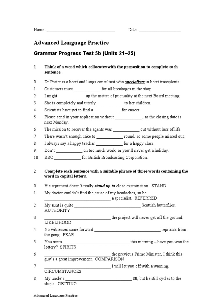 Advanced Language Practice: Grammar Progress Test 5b (Units 21-25) | PDF