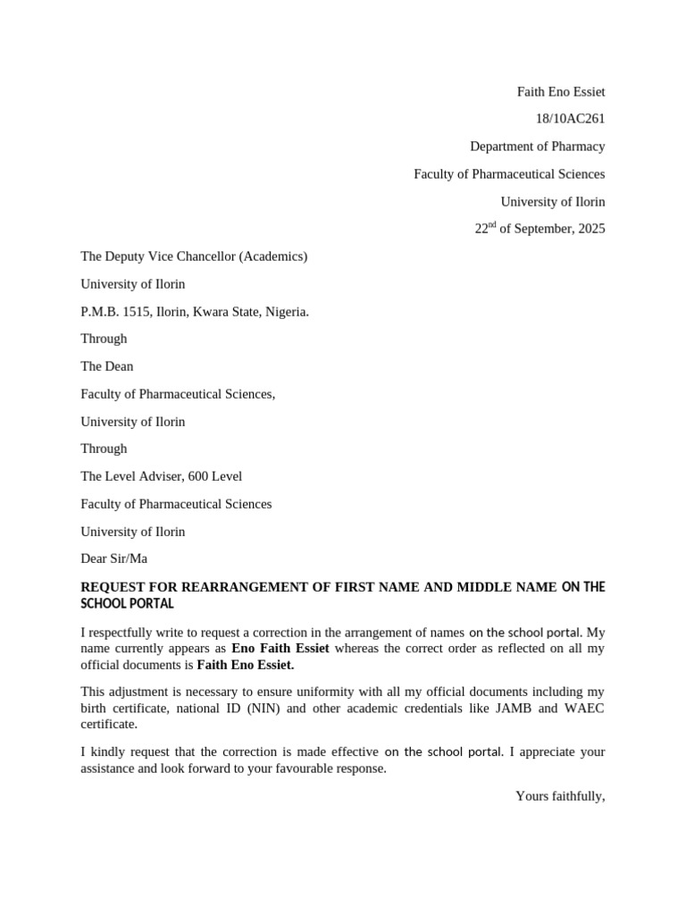 Essiet Faith Correction Letter | PDF