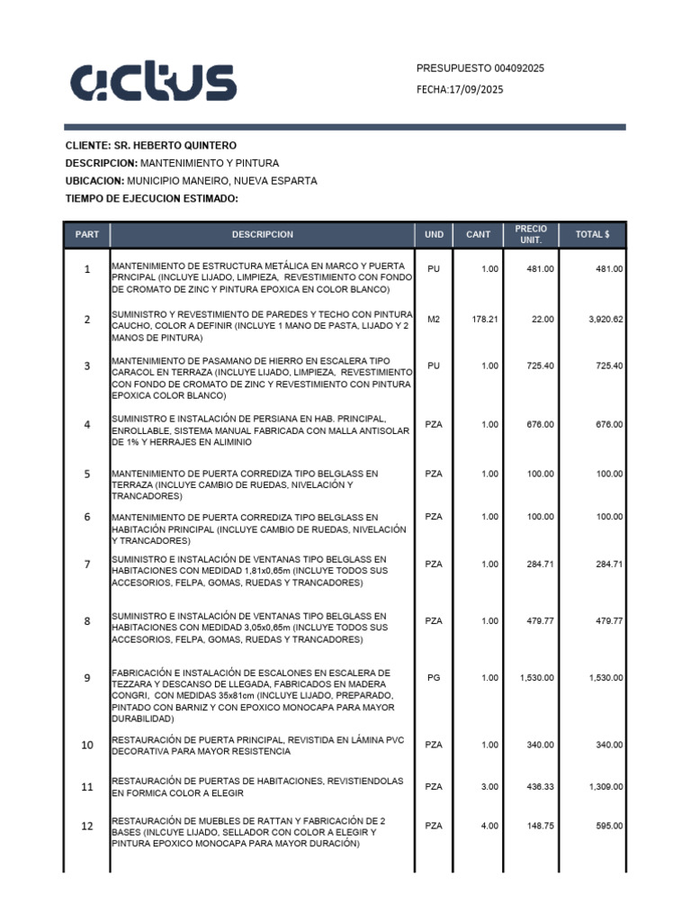 Presupuesto Heberto Quintero 004092025 | PDF