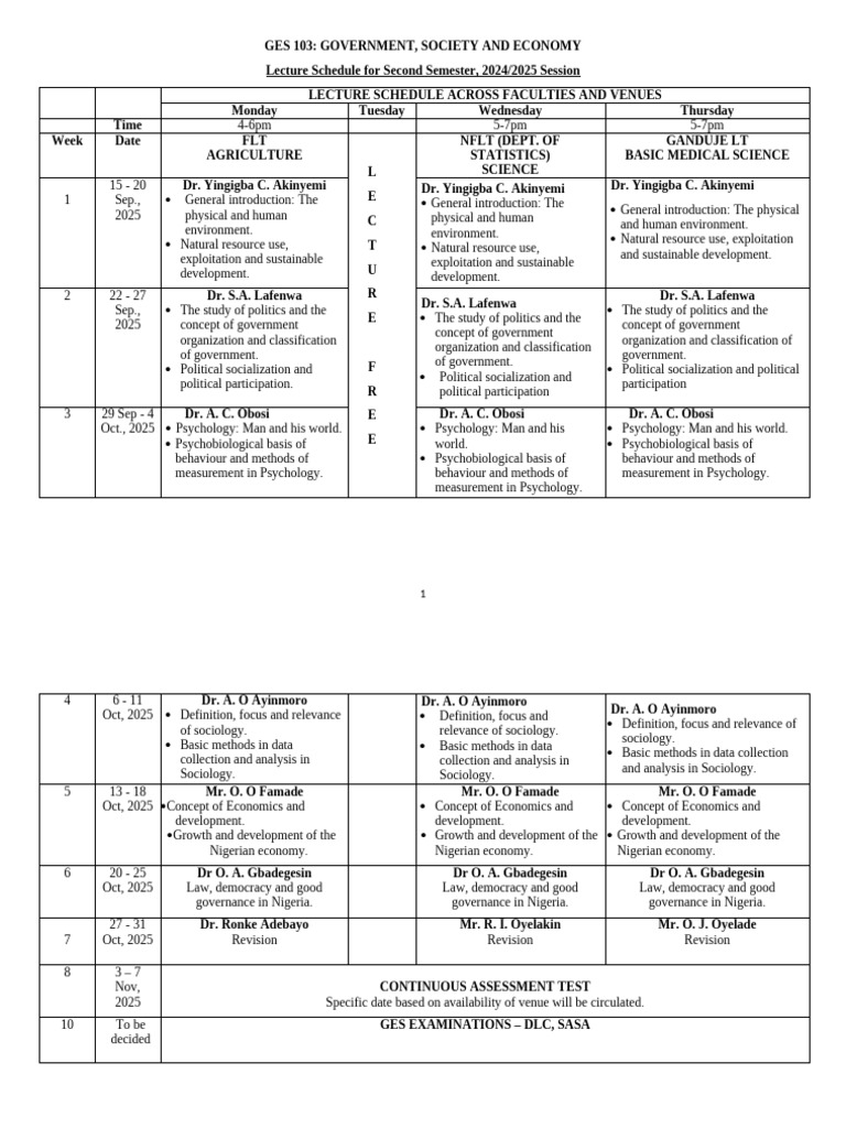 GES_103_Lecture_timetable_2024-2025[1] | PDF | Economics | Sociology