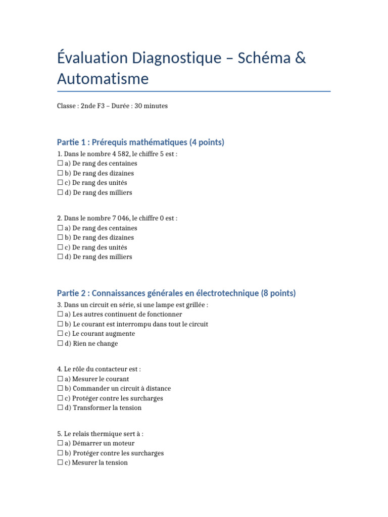 Évaluation Schéma et Automatisme 2nde F3 | PDF