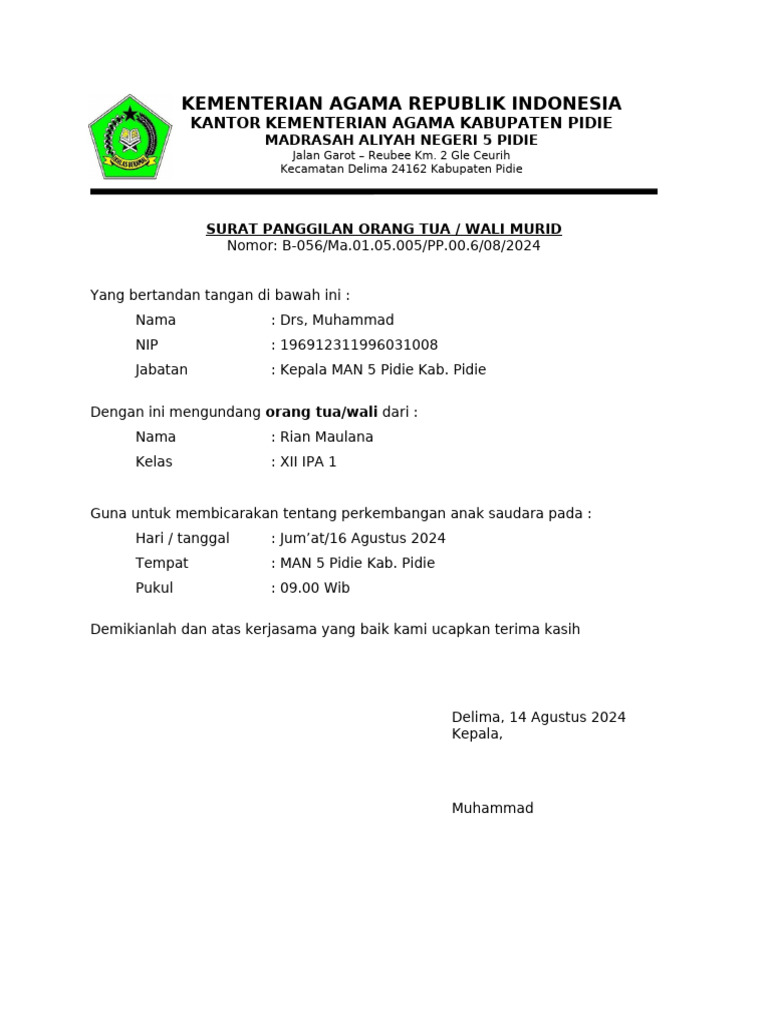 Surat Panggilan Orang Tua MAN 5 Pidie | PDF