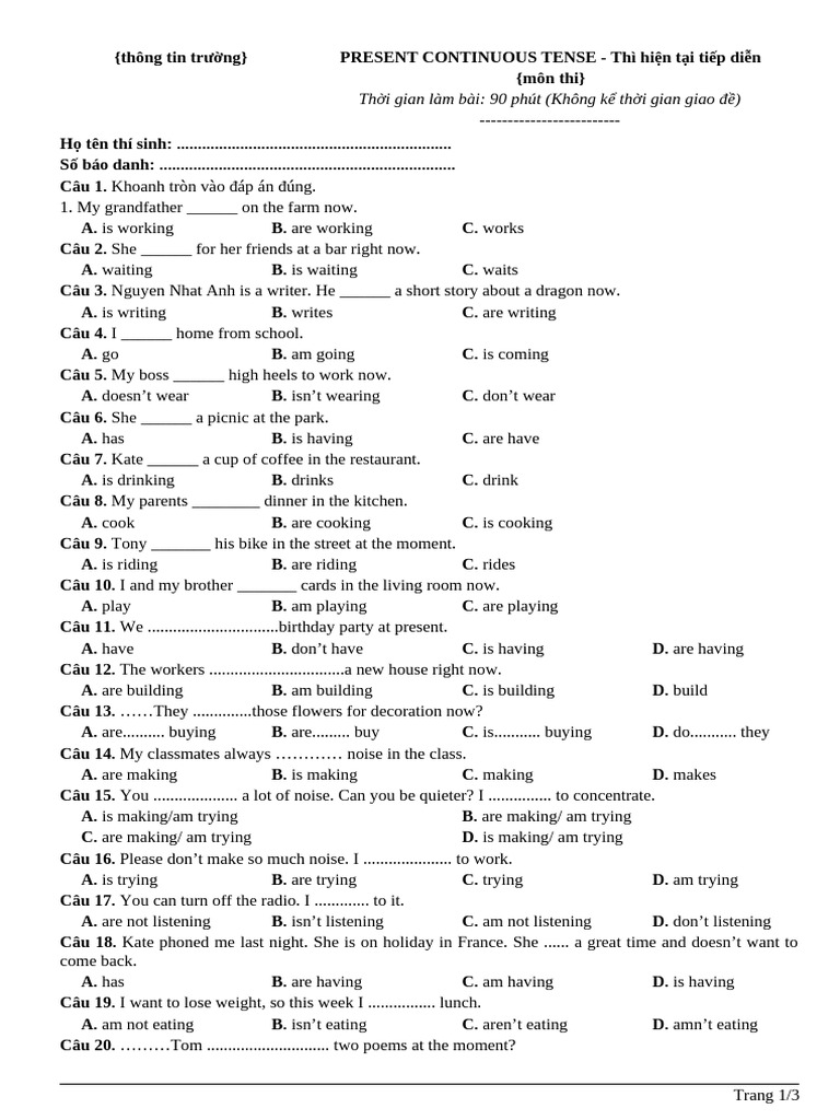 Present Continuous Tense Practice Test | PDF