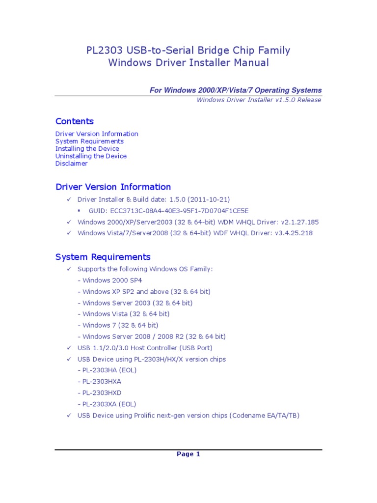 Um Pl2303 Driver Installer Manual v1.5.0 | PDF | Device Driver | Installation (Computer Programs)