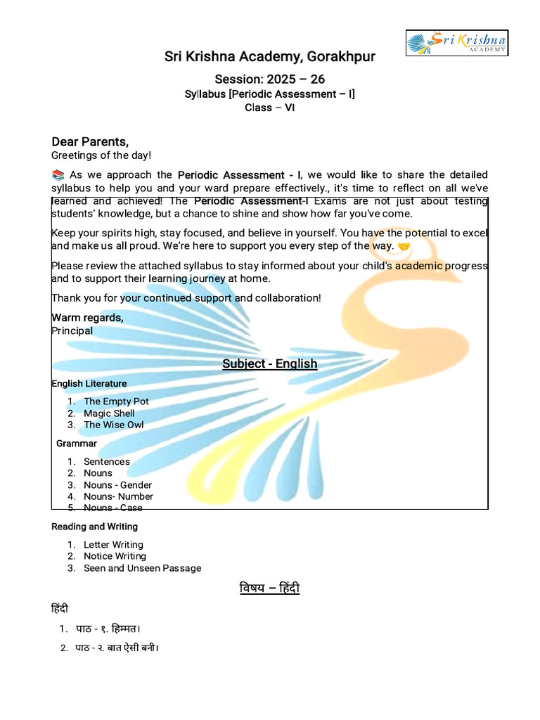 Class VI Periodic Assessment I Syllabus | PDF