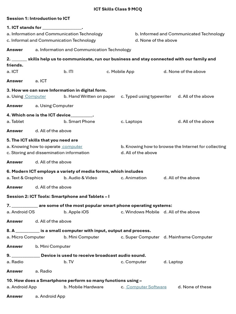 Class 9 ICT Skills MCQ Guide | PDF | Computer Data Storage | Mobile Phones