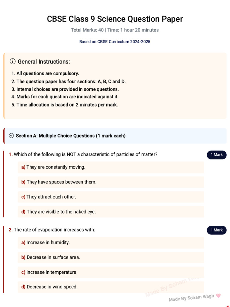 CBSE Class 9 Science Question Paper | PDF | Mitochondrion | Mass