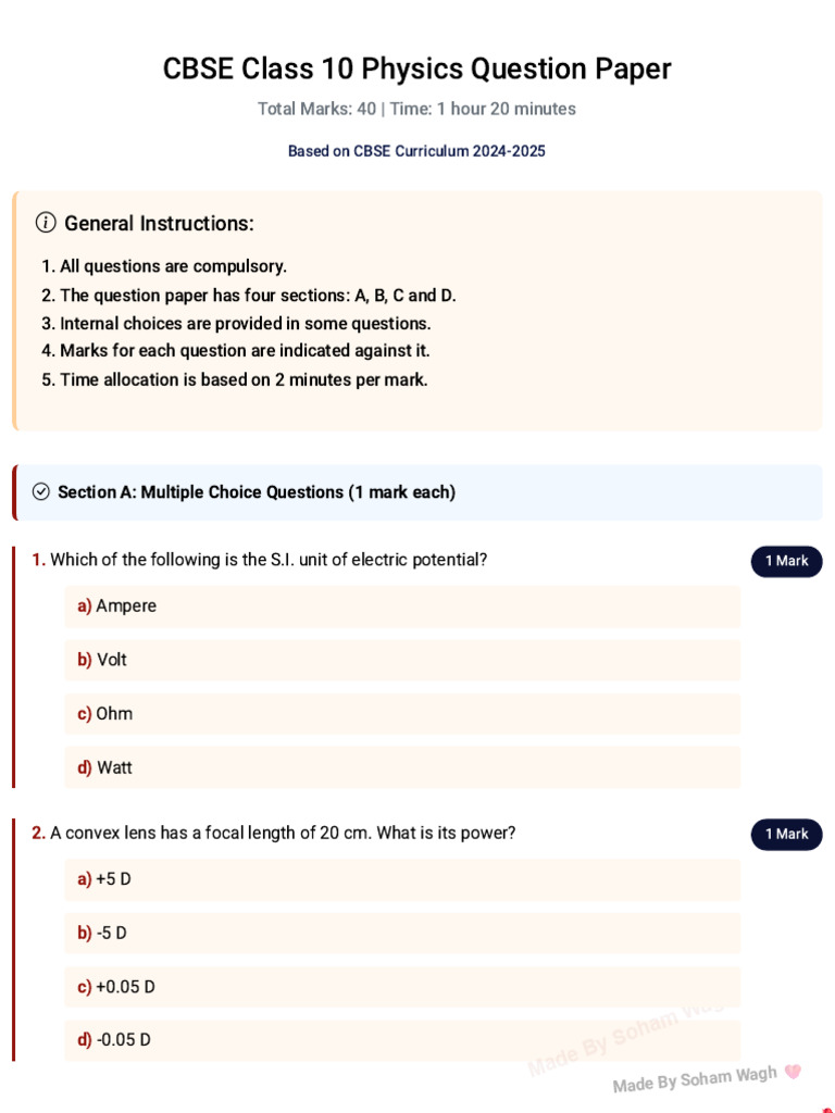 CBSE Class 10 Physics Question Paper | PDF | Inductor | Magnetic Field