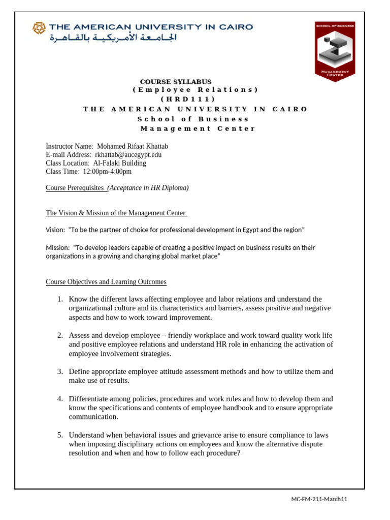 Employee Relations Course Syllabus | PDF | Employment | Economies