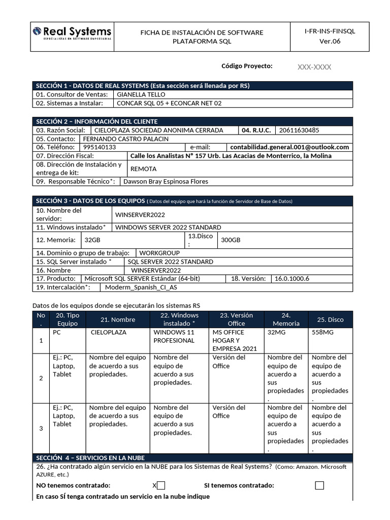 Ficha Instalación Concar SQL | PDF | Computación en la nube | Microsoft