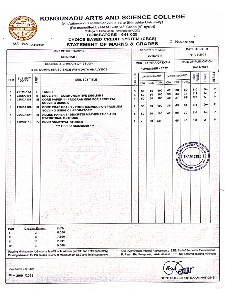 1st Sem Marksheet | PDF