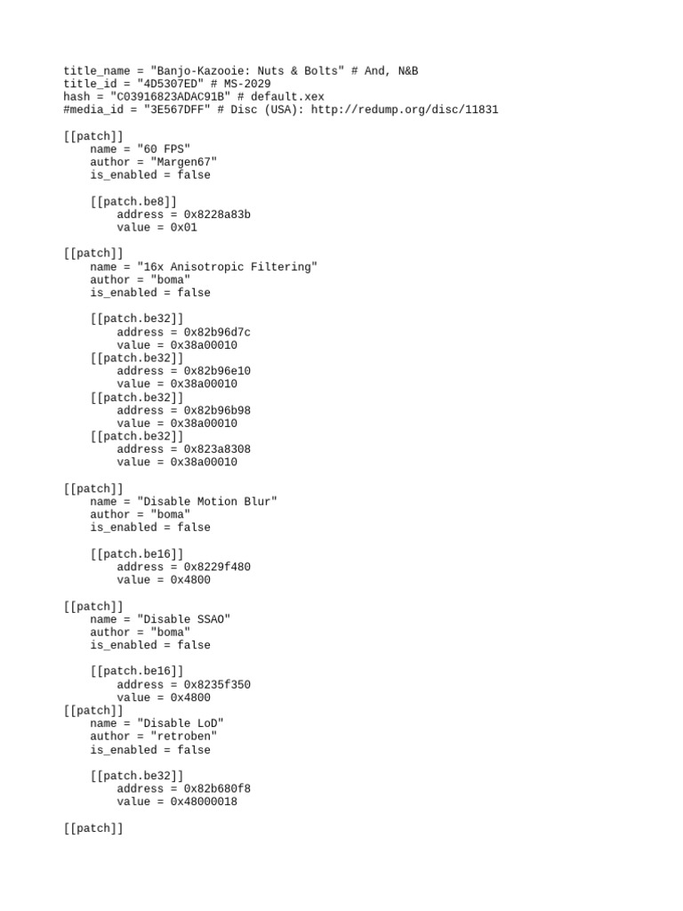 4D5307ED - Banjo-Kazooie Nuts & Bolts - Patch.toml | PDF