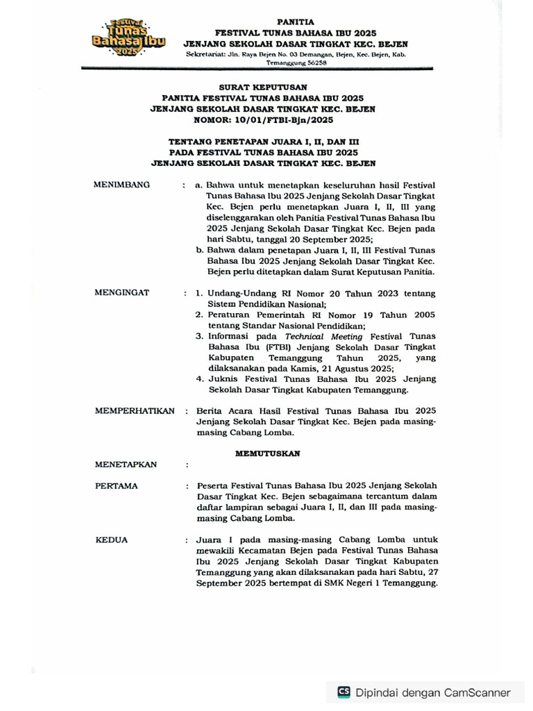 SK Penetapan Juara FTBI 2025 Kec. Bejen | PDF