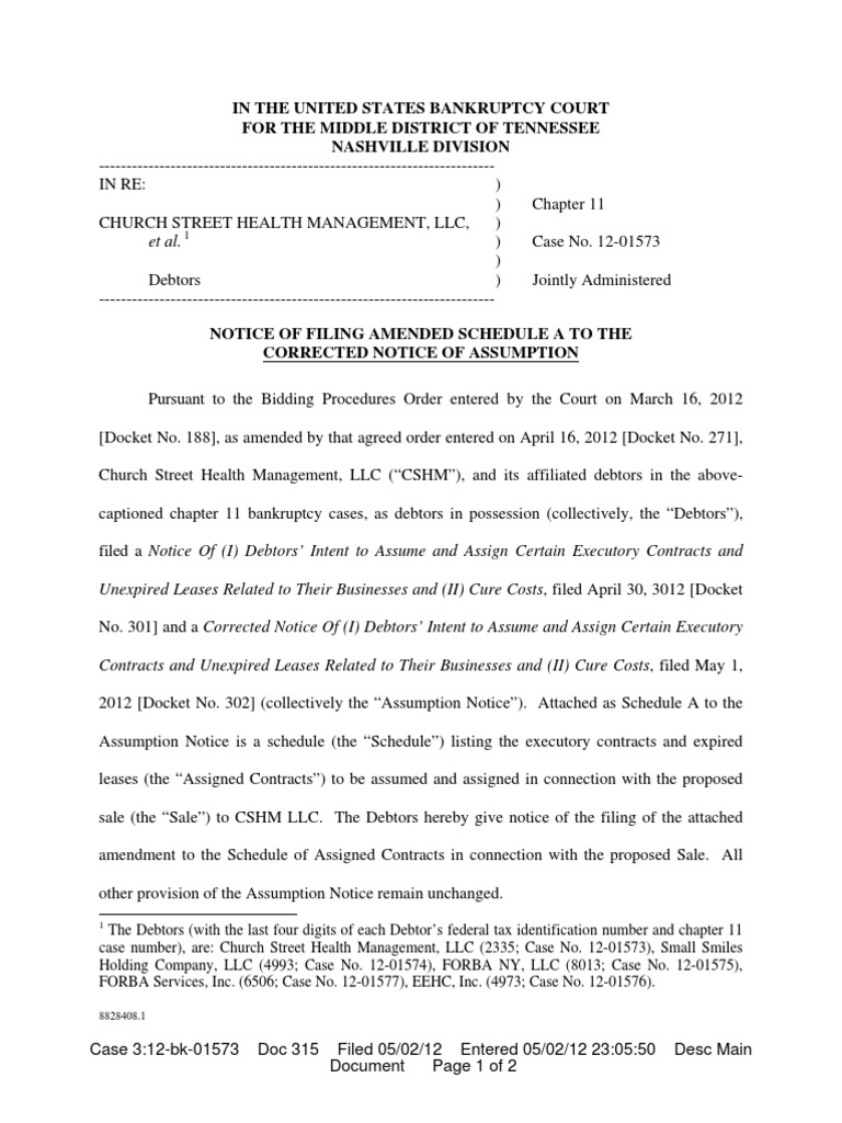 Amended Notice of Assumption Doc 315 | Settlement (Litigation) | Bankruptcy