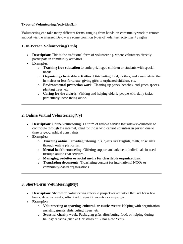 Types of Volunteering Activities | PDF | Volunteering