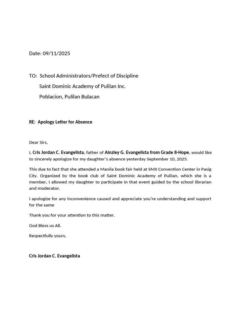 Apology for Student Absence Notice | PDF