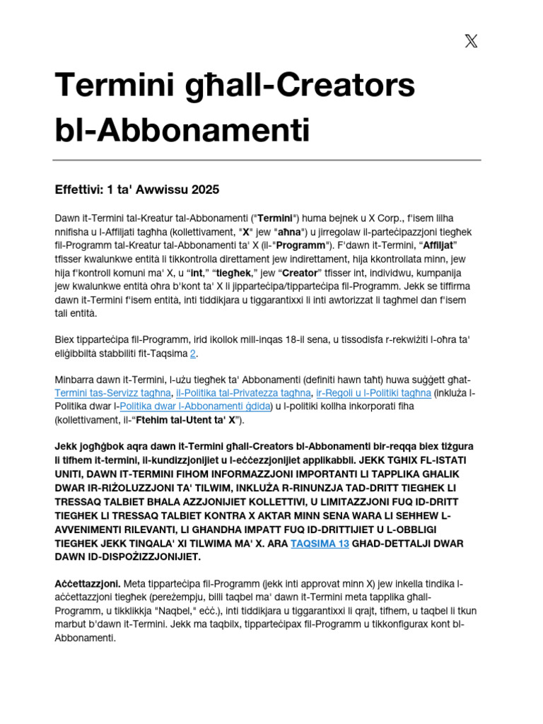 X Subscriptions Creator Terms 2025-08-01 | PDF