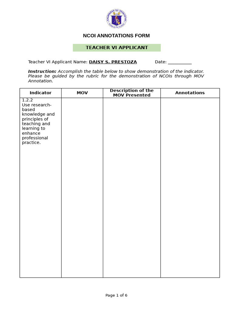 NCOI Annotations Blank Form | PDF | Learning | Annotation