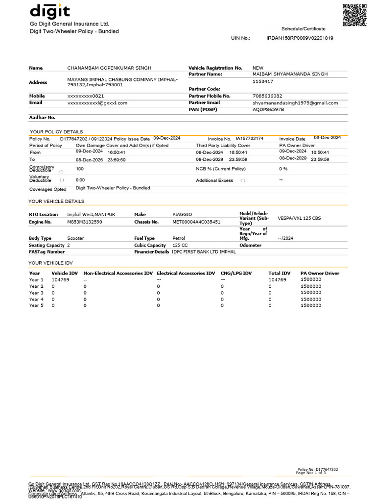 Digit Two-Wheeler Insurance Policy Details | PDF | Insurance ...