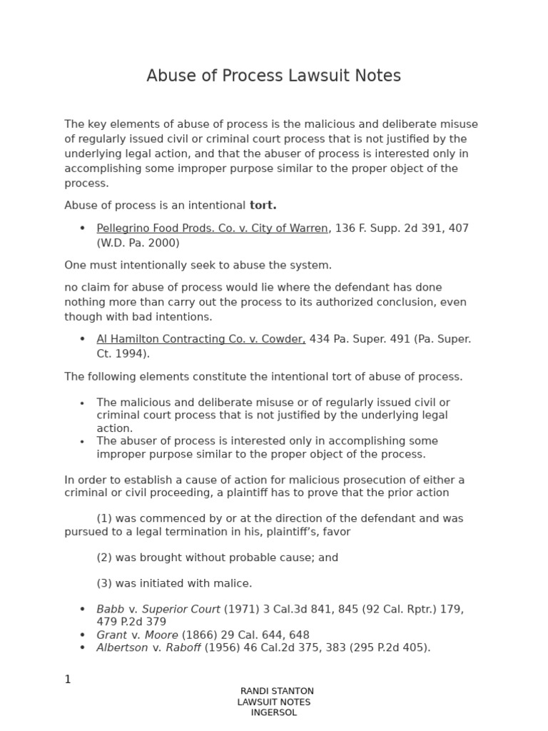 Abuse of Process Lawsuit Overview | PDF | Tort | Malicious Prosecution
