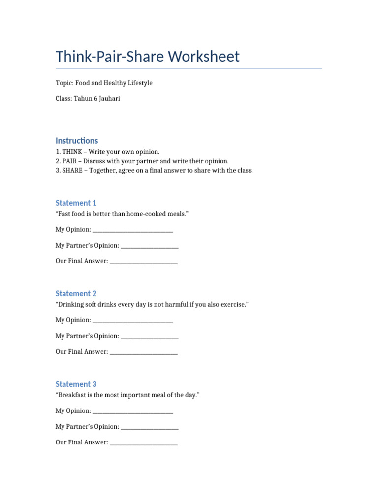 Think Pair Share Worksheet Blank | PDF