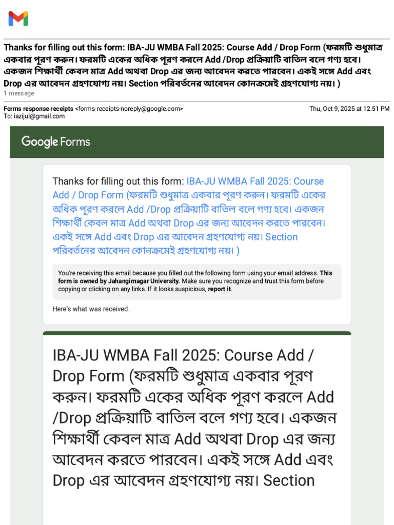 Gmail - Thanks For Filling Out This Form - IBA-JU WMBA Fall 2025 - Course Add - Drop Form | PDF ...