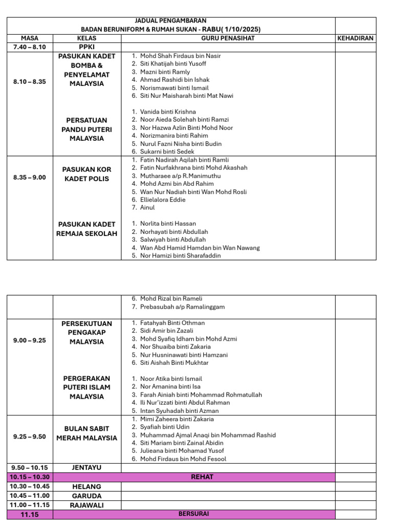 Jadual Pengambaran Badan Uniform & Rumah Sukan | PDF