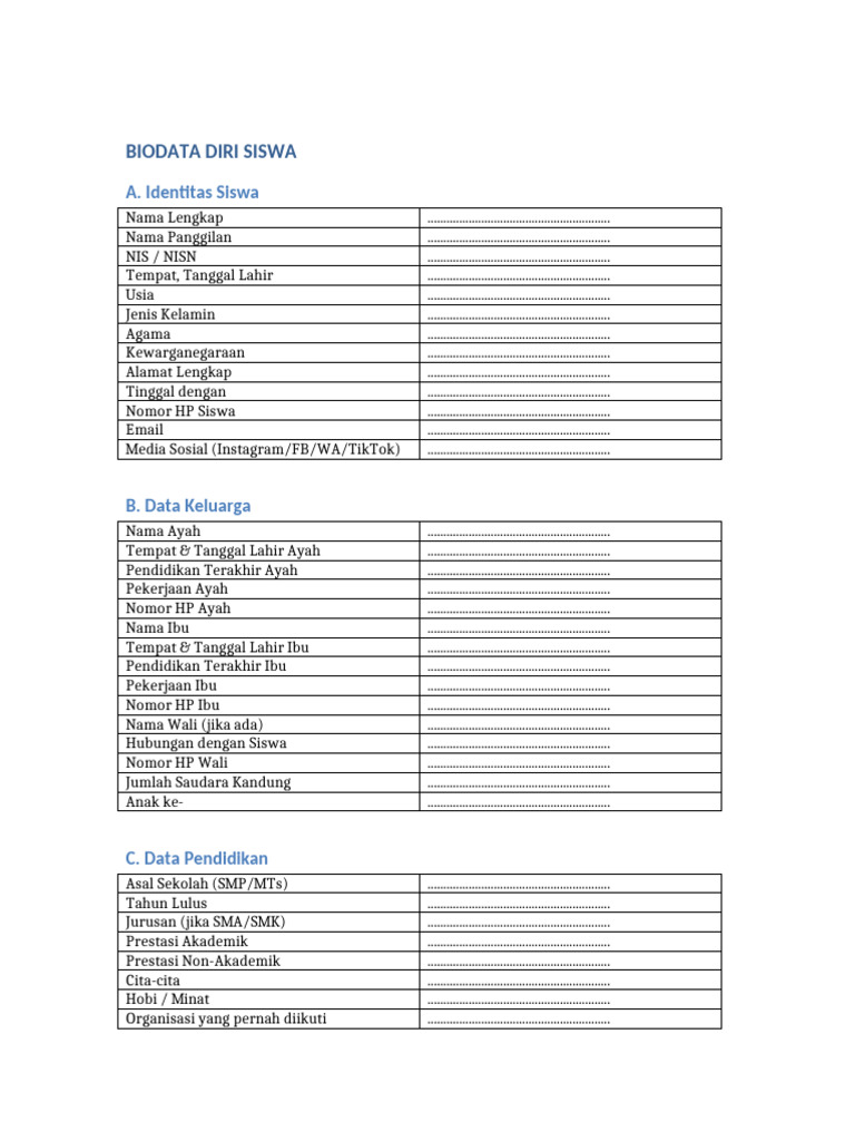 Biodata Siswa | PDF