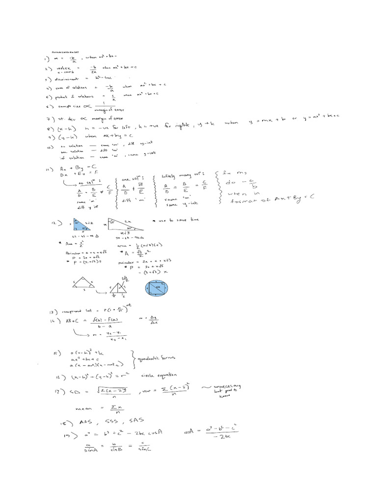 SAT Math Formulae Revision Sheet | PDF