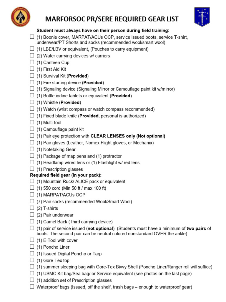 MARSOC SERE Full Spectrum Required Gearlist | PDF