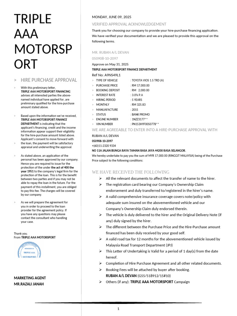 Ban Al Devan's Approval Letter - 053538 | PDF | Business Law | Financial Services