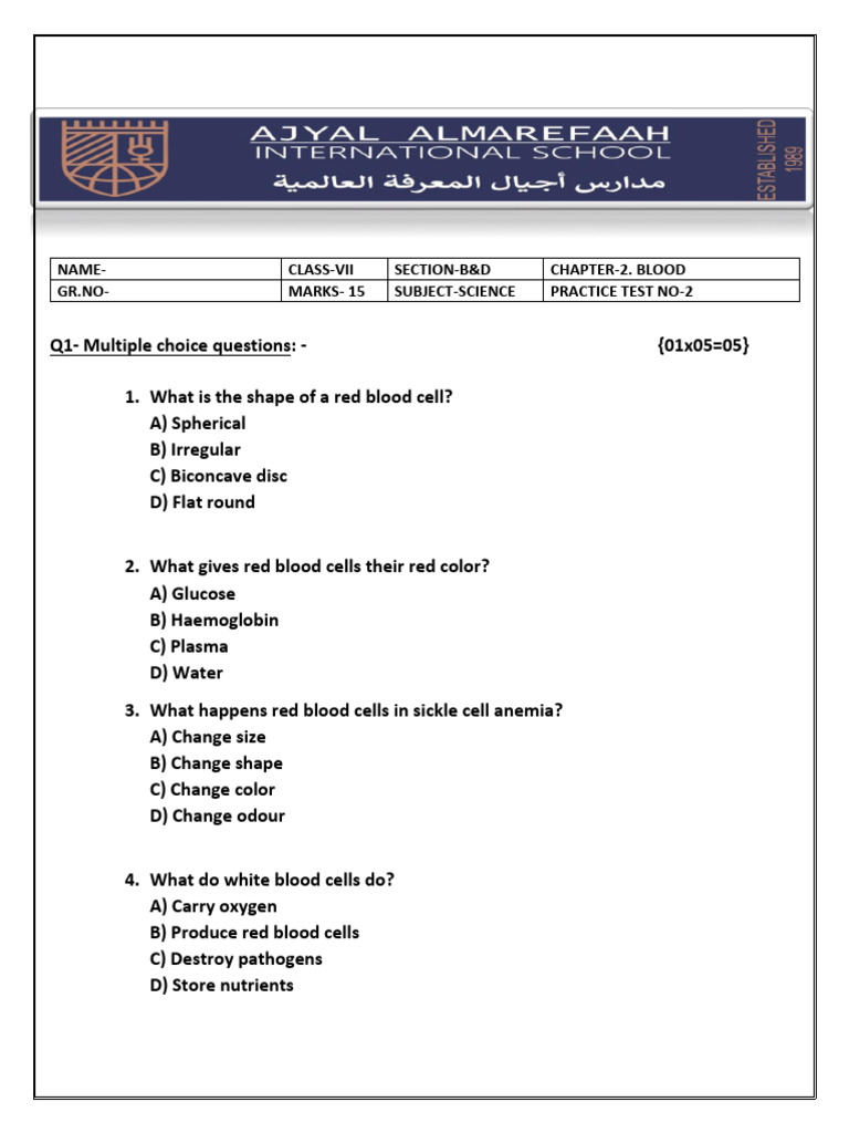 Class VII Science Blood Practice Test | PDF