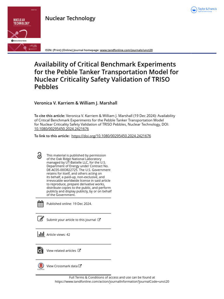 Availability of Critical Benchmark Experiments For The Pebble Tanker ...