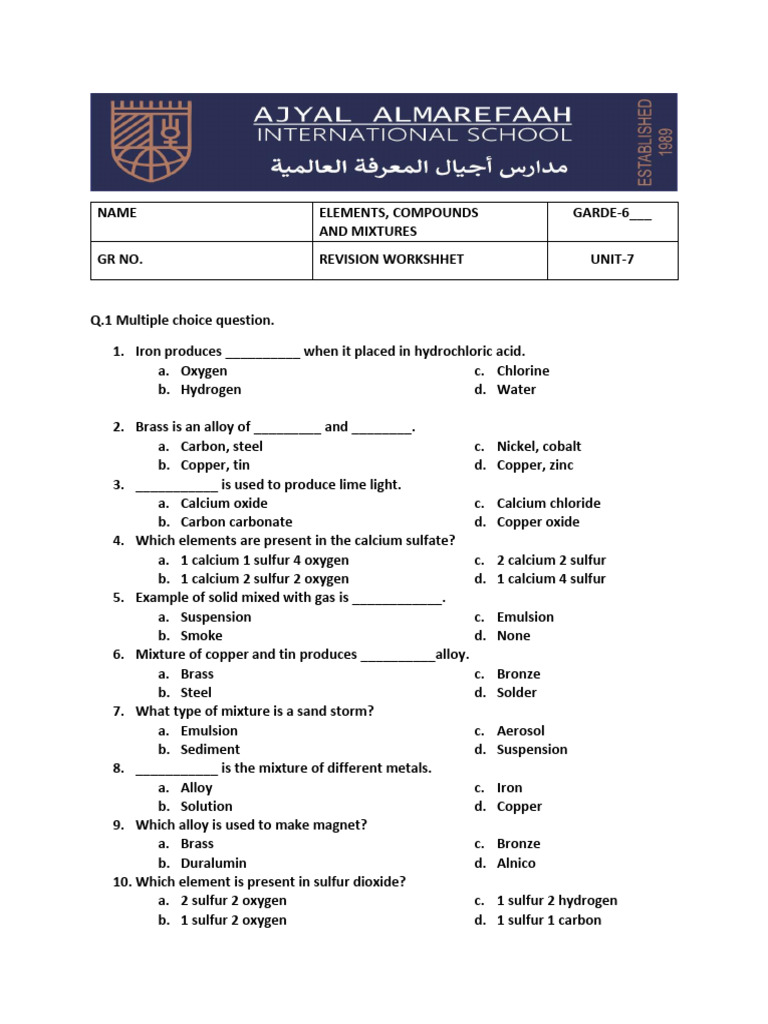 Revision Worksheet Unit - 7 Elements, Compound and Mixture | PDF ...