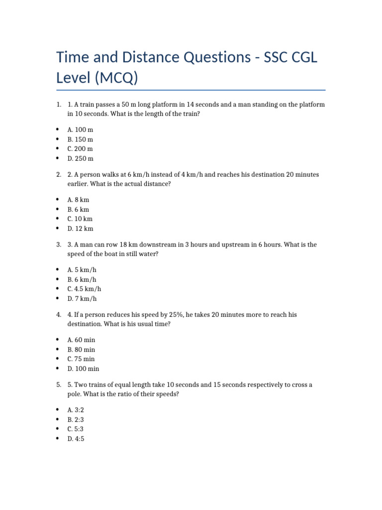 SSC CGL Time and Distance MCQs | PDF
