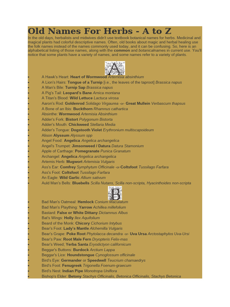 Old Herbal Names A-Z Guide | PDF | Botany | Plants