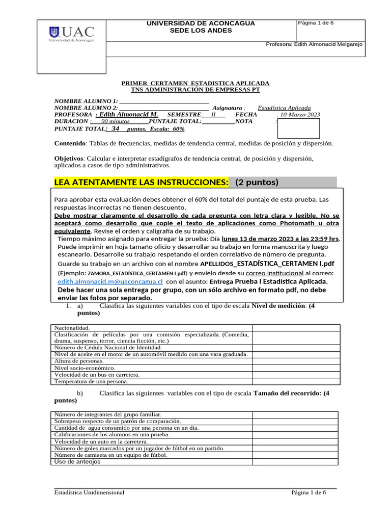 Prueba I Estadistica - 2023 Tns Adm - Emp - PT Medidas de Tendencia ...